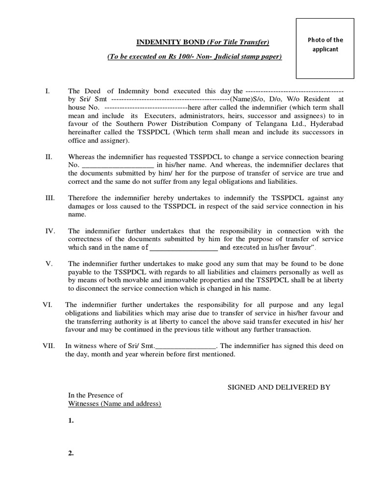 Indemnity Bond for TSSPDCL Title Transfer | PDF | Indemnity | Property Law
