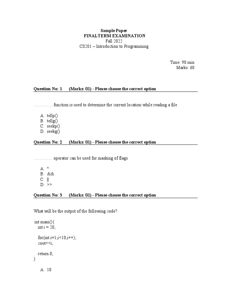 Sample Paper of CS201 | PDF | C++ | Class (Computer Programming)