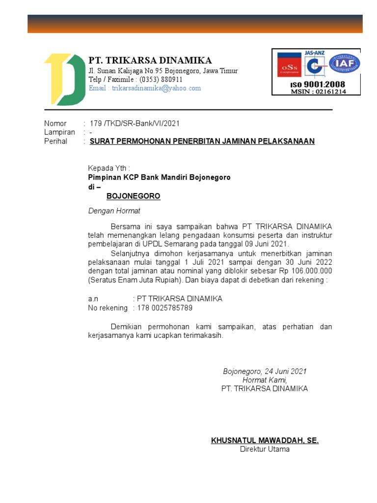 Surat Permohonan Jaminan Pelaksanaan | PDF | Bisnis