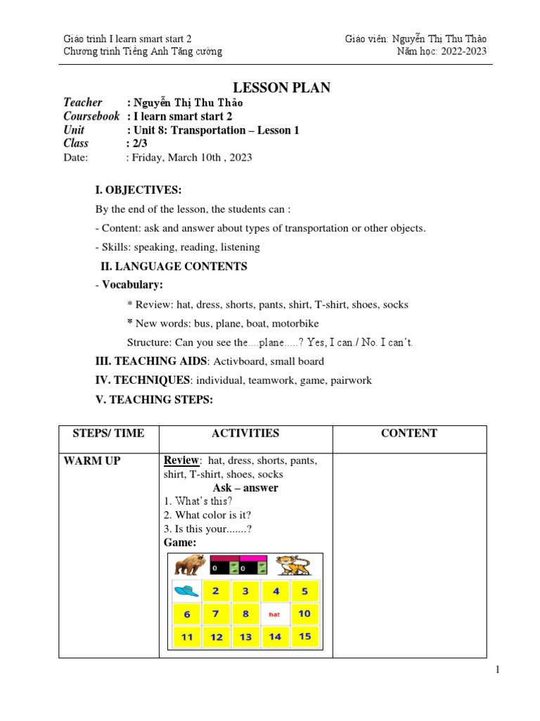 Lesson Plan: Teacher Coursebook: I Learn Smart Start 2 Unit Class | PDF ...