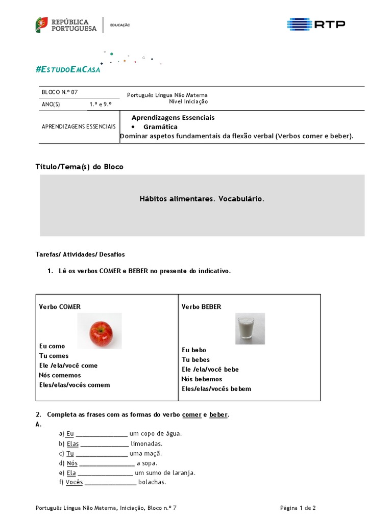 Verbos comer e beber no presente do indicativo | PDF