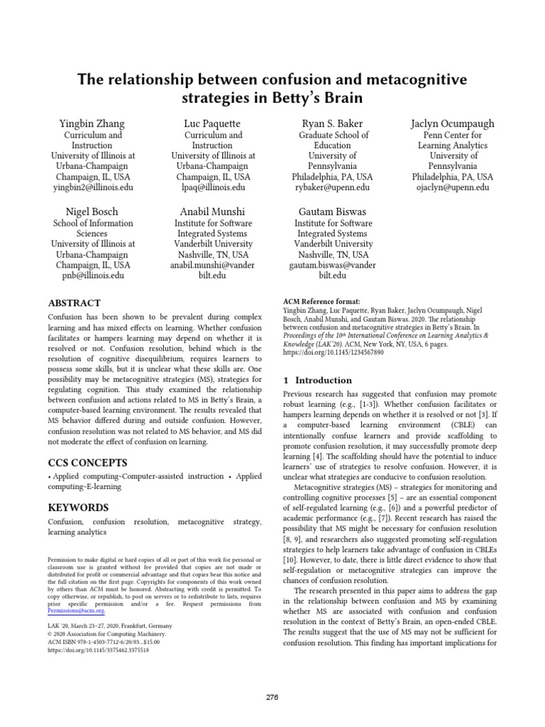 The Relationship Between Confusion And Metacognitive Strategies In Betty S Brain Pdf