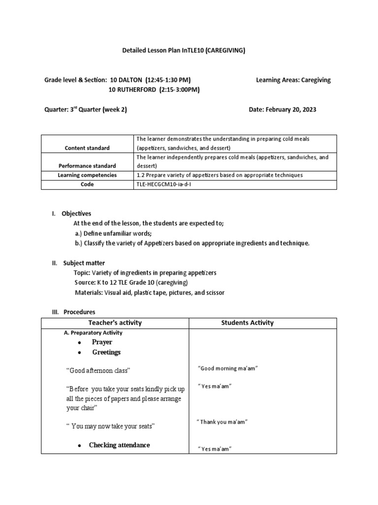 Lesson Plan: Preparing Appetizers | PDF | Hors D'oeuvre | Food And Drink