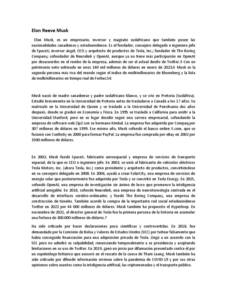 Elon Musk: Empresario y Visionario | PDF | Elon Musk