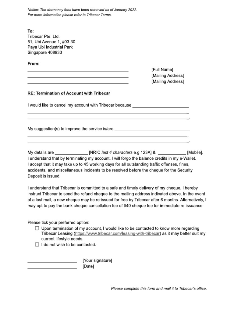 Tribecar Termination Form PDF | PDF