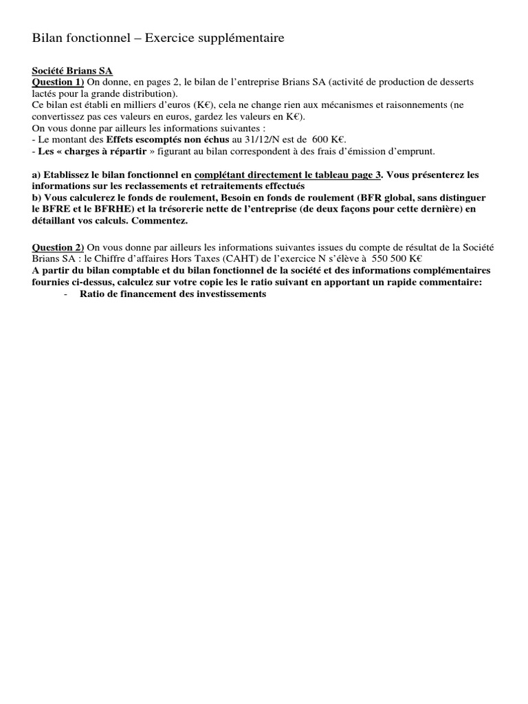 Bilan Fonctionnel Exercice Supplémementaire 1 PDF | PDF | Bilan comptable | Fonds de roulement