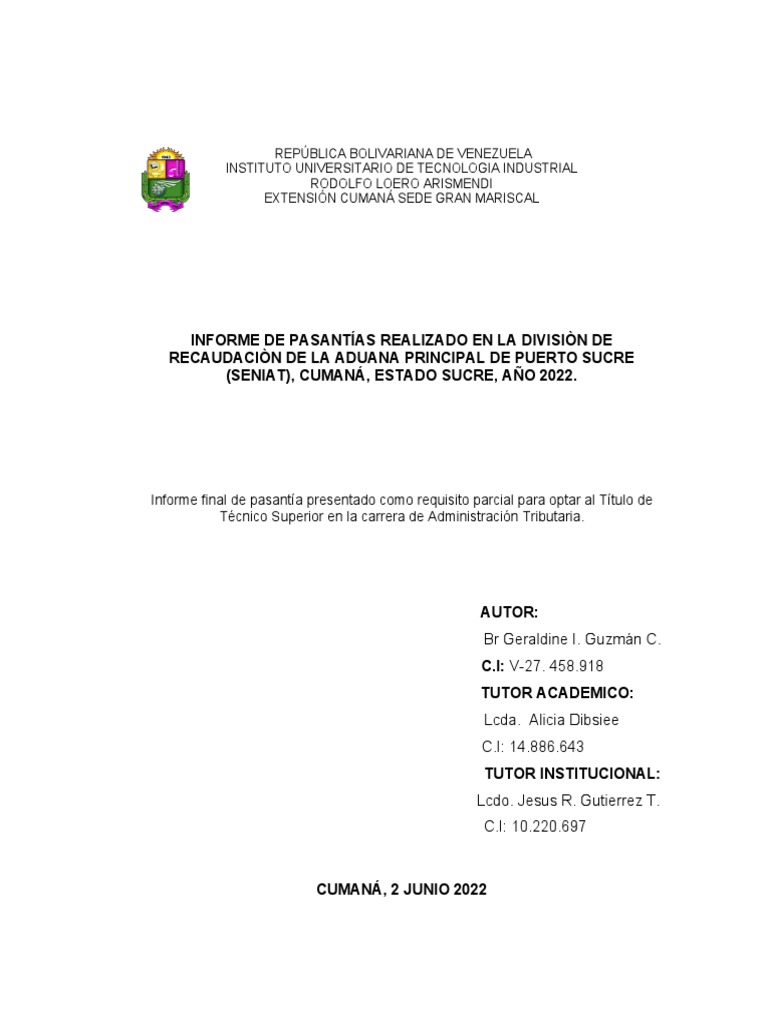 Informe de Pasantias Geraldine Guzman | PDF | aduana | Economias