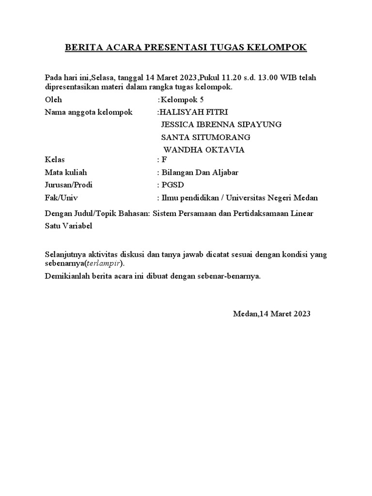Berita Acara Presentasi Kelompok 5 | PDF