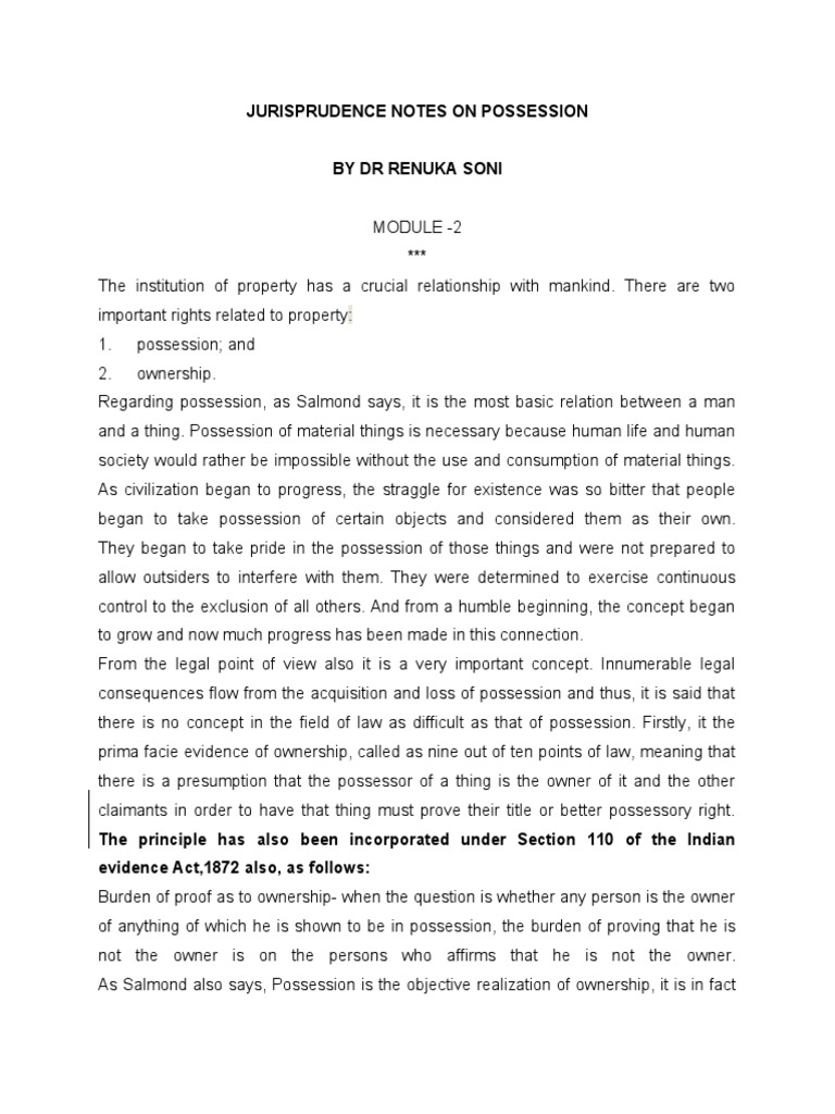 Jurisprudence Notes On Possession | PDF | Possession (Law) | Private Law