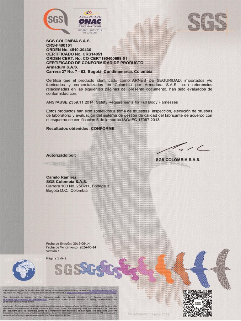 Certificado Arneses Armadura PDF | PDF