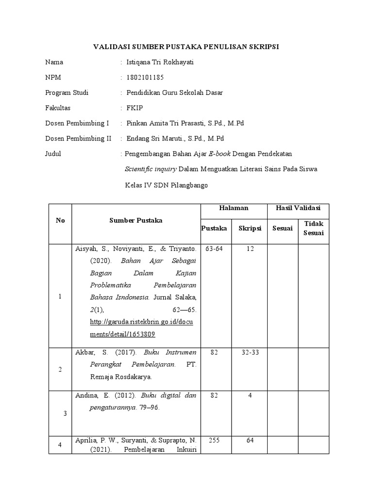 VALIDASI SUMBER PUSTAKA PENULISAN SKRIPSI.docx | PDF