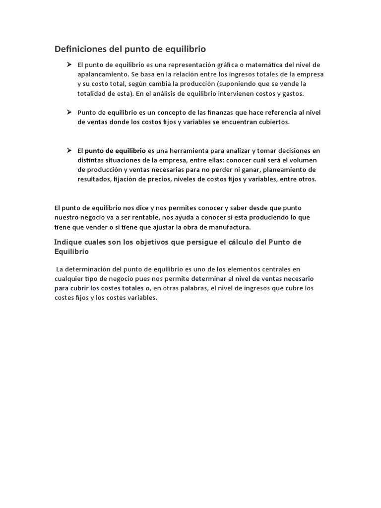 Definición del Punto de Equilibrio | PDF | Apalancamiento (Finanzas ...