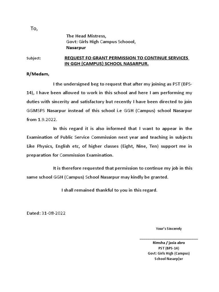 Permission For Continueing Services - GGHS | PDF