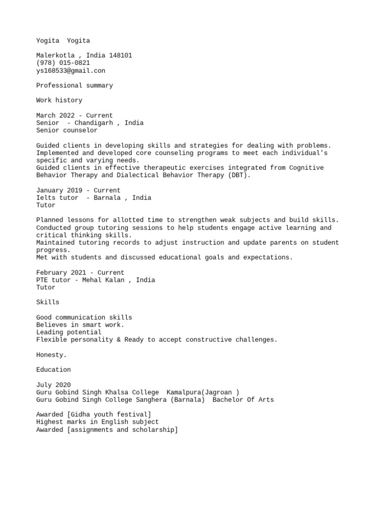 A Comprehensive Resume Highlighting Yogita's Experience as a Senior ...