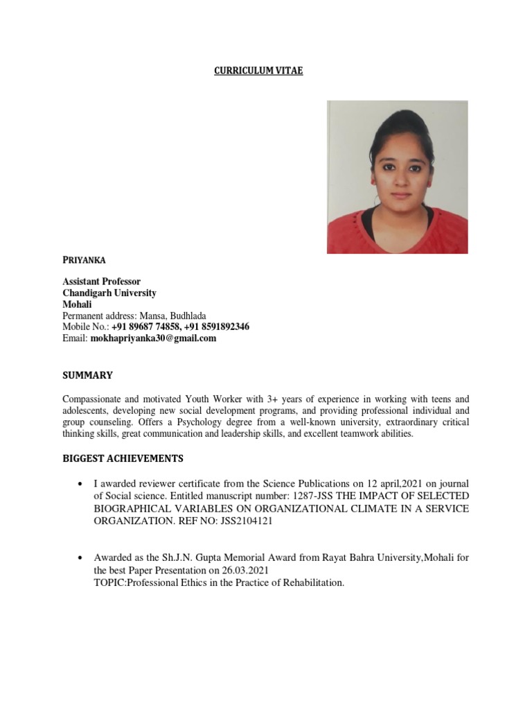 CV Priyanka PDF | PDF | Psychology | Psychologist