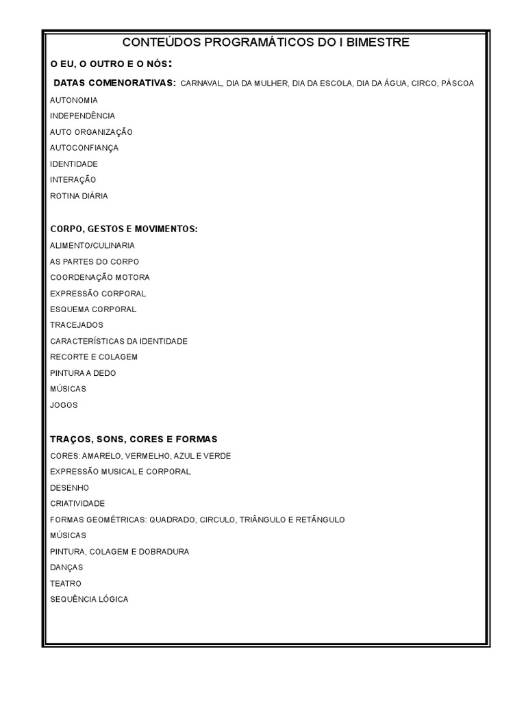 Conteúdos Programáticos Do I Bimestre | PDF