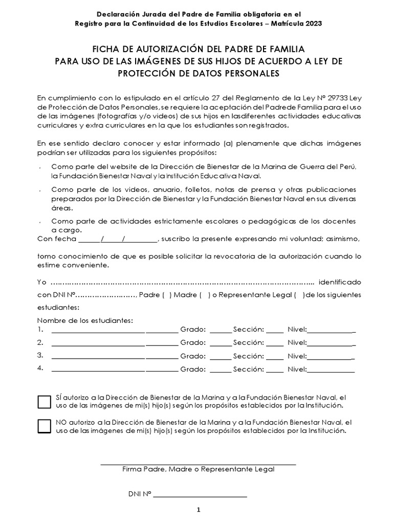 Ficha de Autorizacion Del Padre de Familia para Uso de Las Imagenes de ...