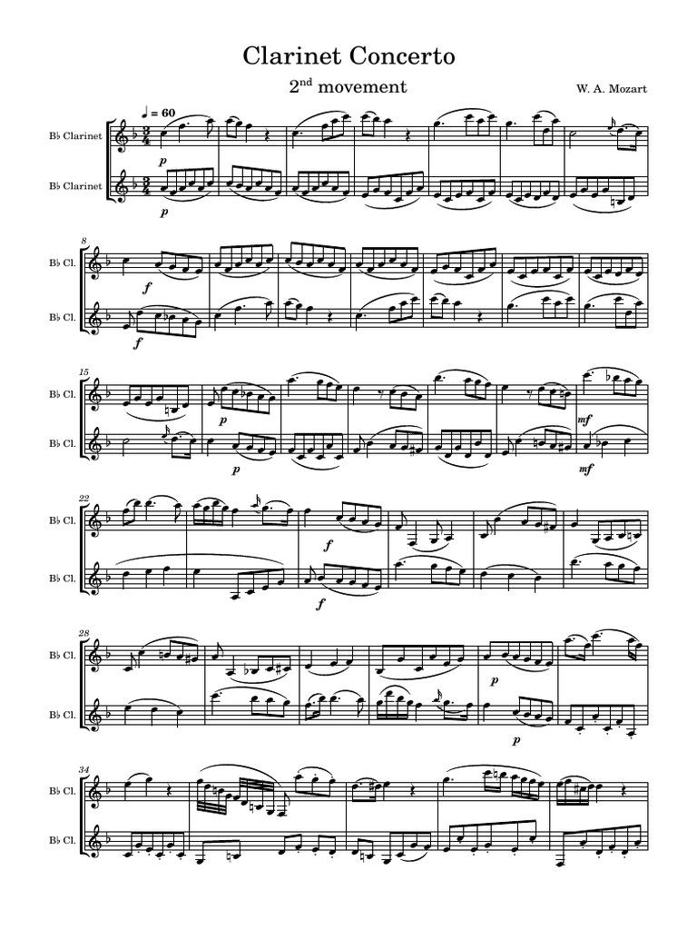 Mozart - Clarinet Concerto - Adagio 2 Clarinets PDF | PDF | Musical ...