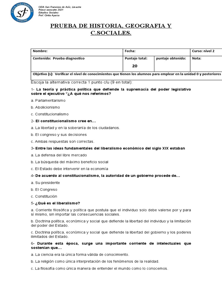 Prueba de Diagnostico Nivel 2 Historia | PDF | Revolución industrial ...