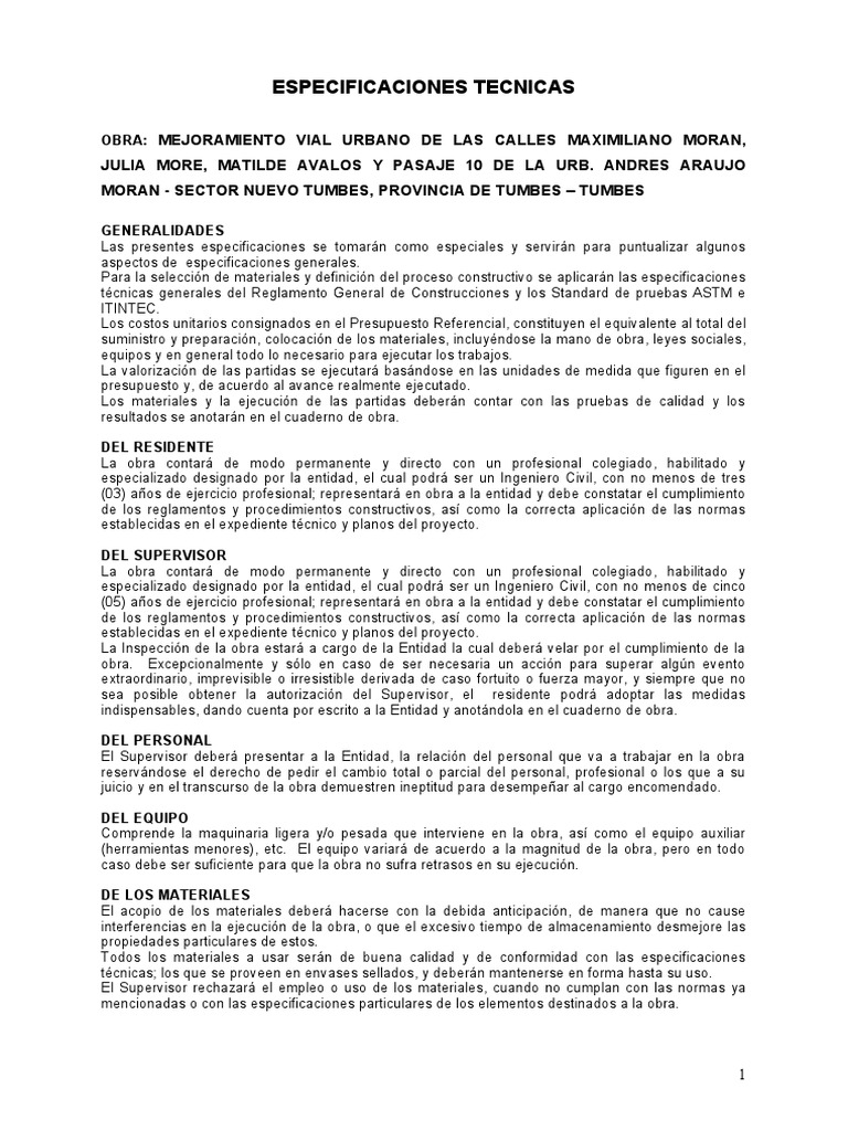 Especificaciones Tecnicas Sardineles, Veredad, Alcantarillado | PDF | Topografía | Fundación ...