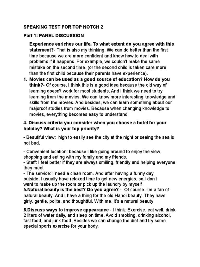 Speaking Test For Top Notch 2 | PDF