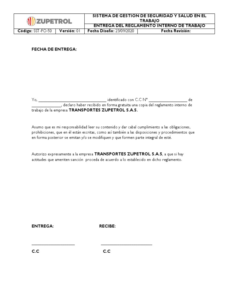 Entrega Del Reglamento Interno PDF | PDF