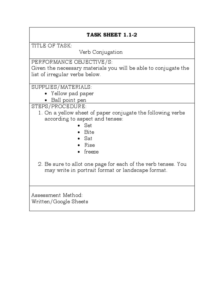 Verb Conjugation Task Sheet 1.1-2 | PDF