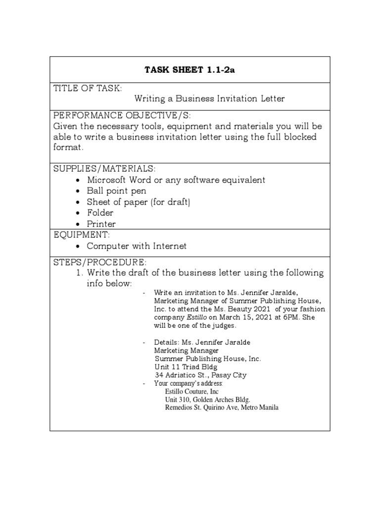 Basic Task Sheet 1.1-2a Writing Invitation Letter | PDF