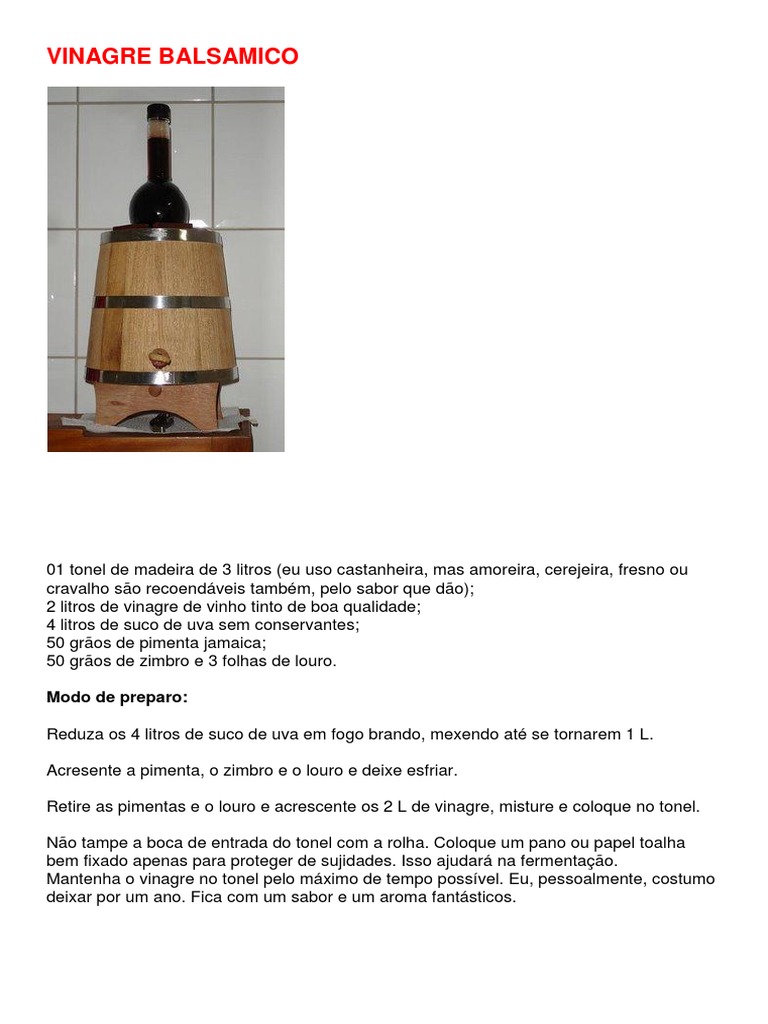 Como fazer vinagre balsâmico caseiro em um tonel de madeira | PDF