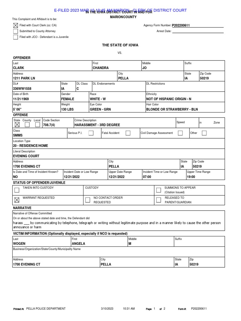 Chandra Clark Criminal Complaint | PDF | Arrest | Affidavit