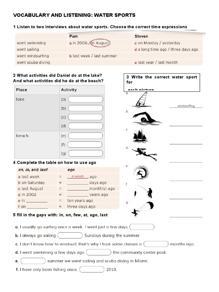 Water Sports Vocabulary Exercises | PDF