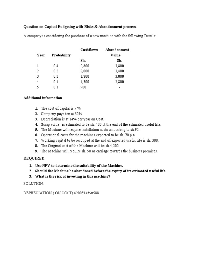 Question On Capital Budgeting With Risks Abandonment | Download Free PDF | Net Present Value ...