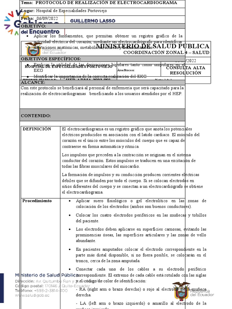 Protocolo de Realizacion de Ekg | PDF | Electrocardiografia | Fisiología
