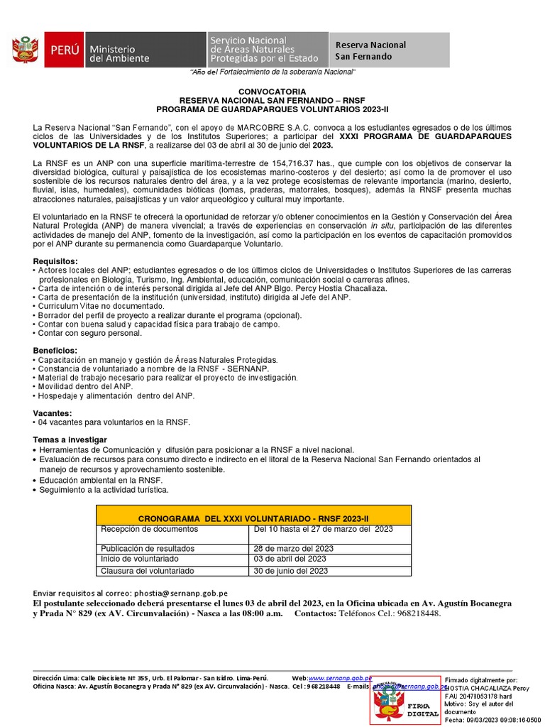 Convocatoria Voluntarios II 2023 - RNSF PDF | PDF | Entorno natural ...