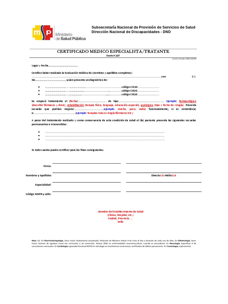 Anexo 11 Formulario 107 para Certificado Médico | PDF | Causas de la ...