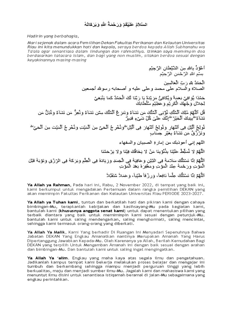 Doa Acara Pemilihan Dekan FPK | PDF