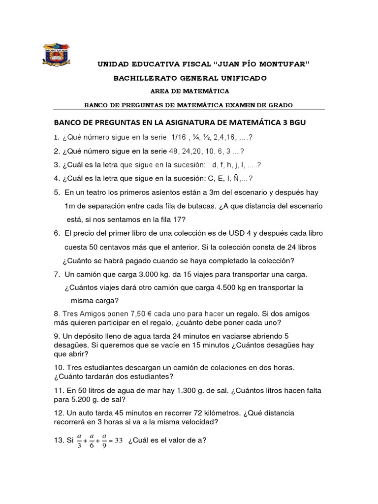 Banco de Preguntas Matemática Estudiantes | PDF | Matriz (Matemáticas ...