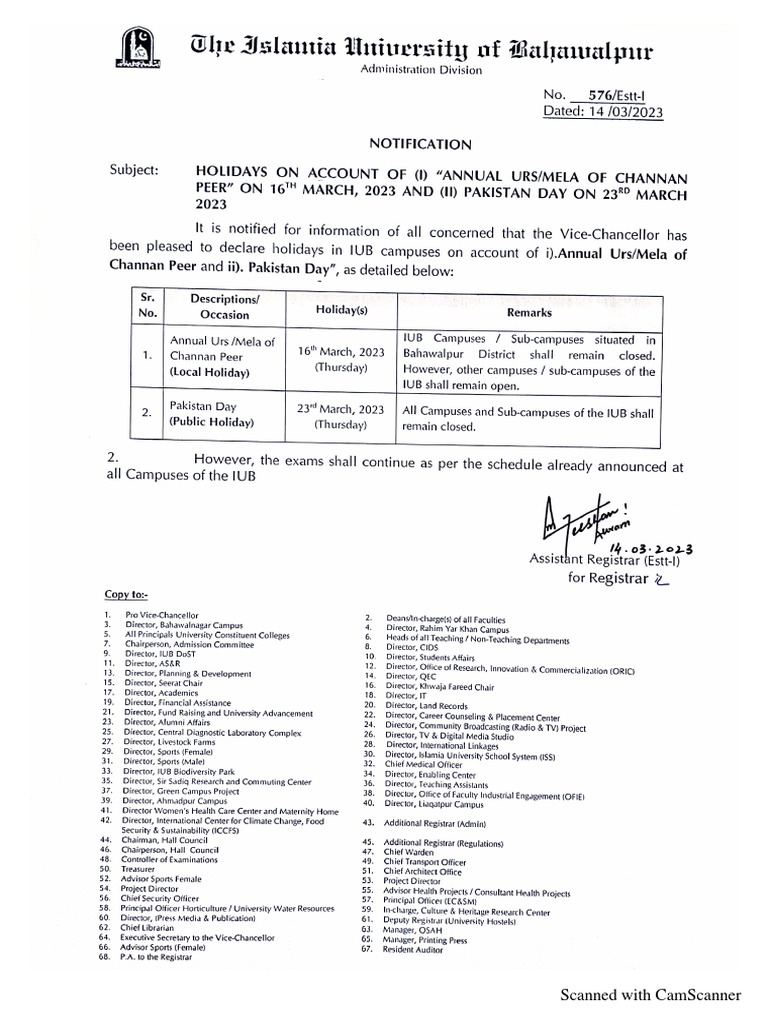 Holiday On Account of Urs Mela of Channan Peer and Pakistan Day | PDF
