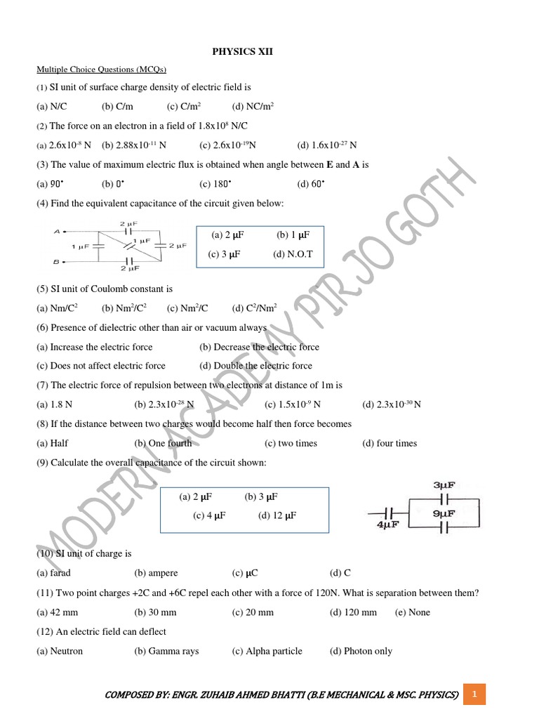 Class 12 Physics MCQs: Electric Fields | PDF | Electric Field | Electronvolt