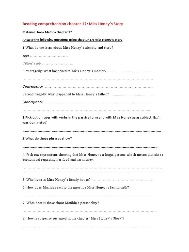 Reading Comprehension Miss Honey' S Story | PDF
