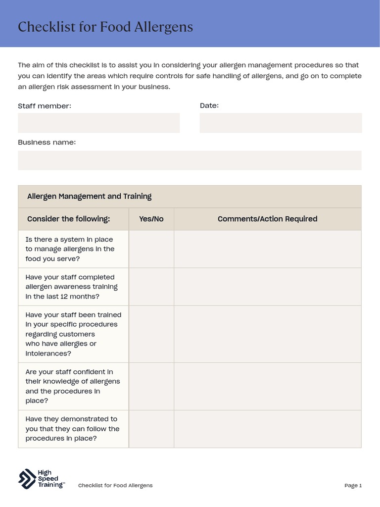 Checklist For Food Allergens | PDF | Food Allergy | Allergen