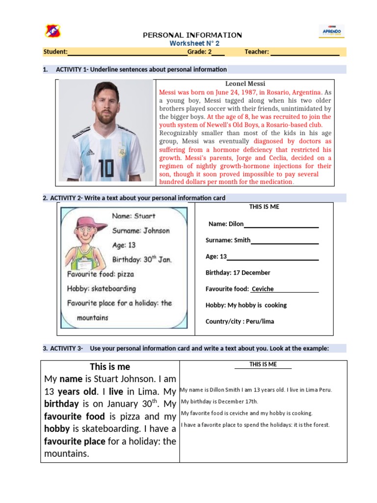 Worksheet 2-Personal Information 11-Abril | PDF | Lionel Messi