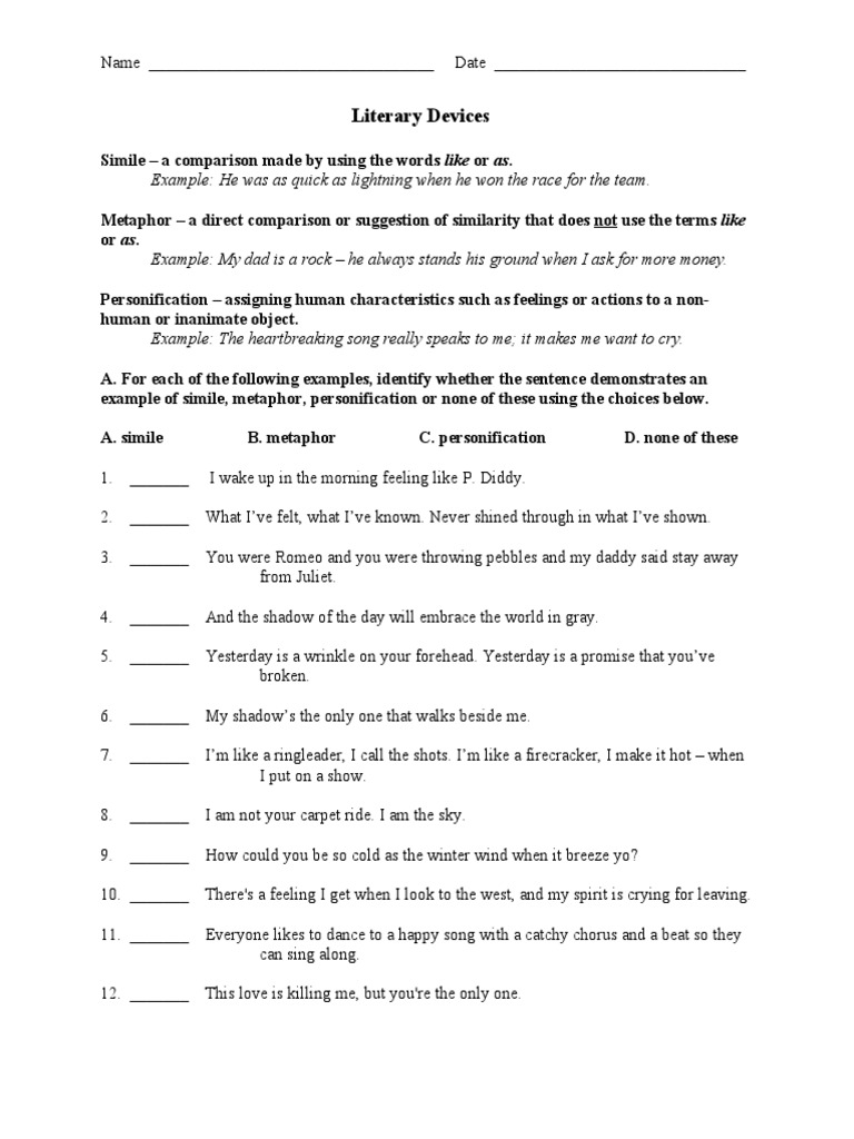 Literary Devices Assessment | PDF | Metaphor