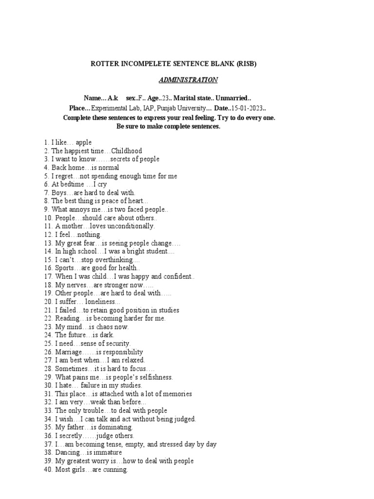 Rotter Incompelete Sentence Blank Risb | PDF