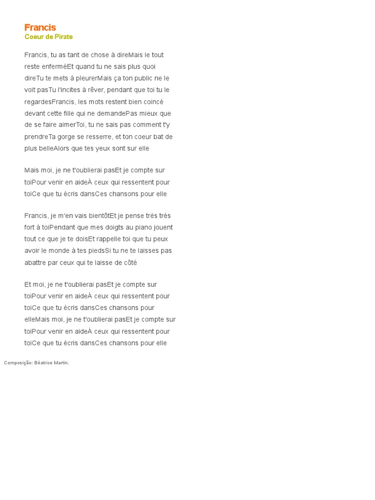 Paroles de "Francis" - Coeur de Pirate | PDF
