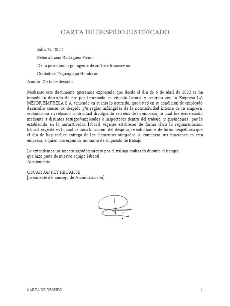 Carta de Despido Justificado Laboral Demanda | PDF