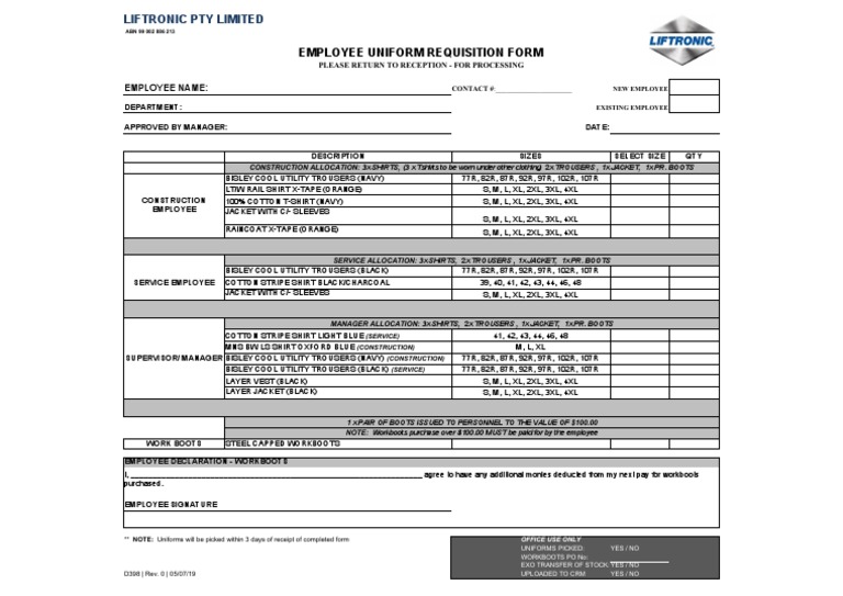 Employee Uniform Requisition Form | PDF | T Shirt | Human Appearance