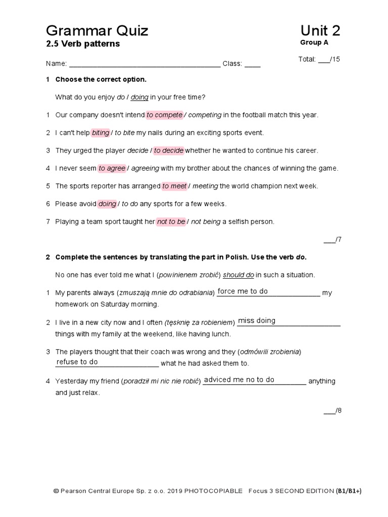 Focus3 2E Grammar Quiz Unit2.5 GroupA | PDF