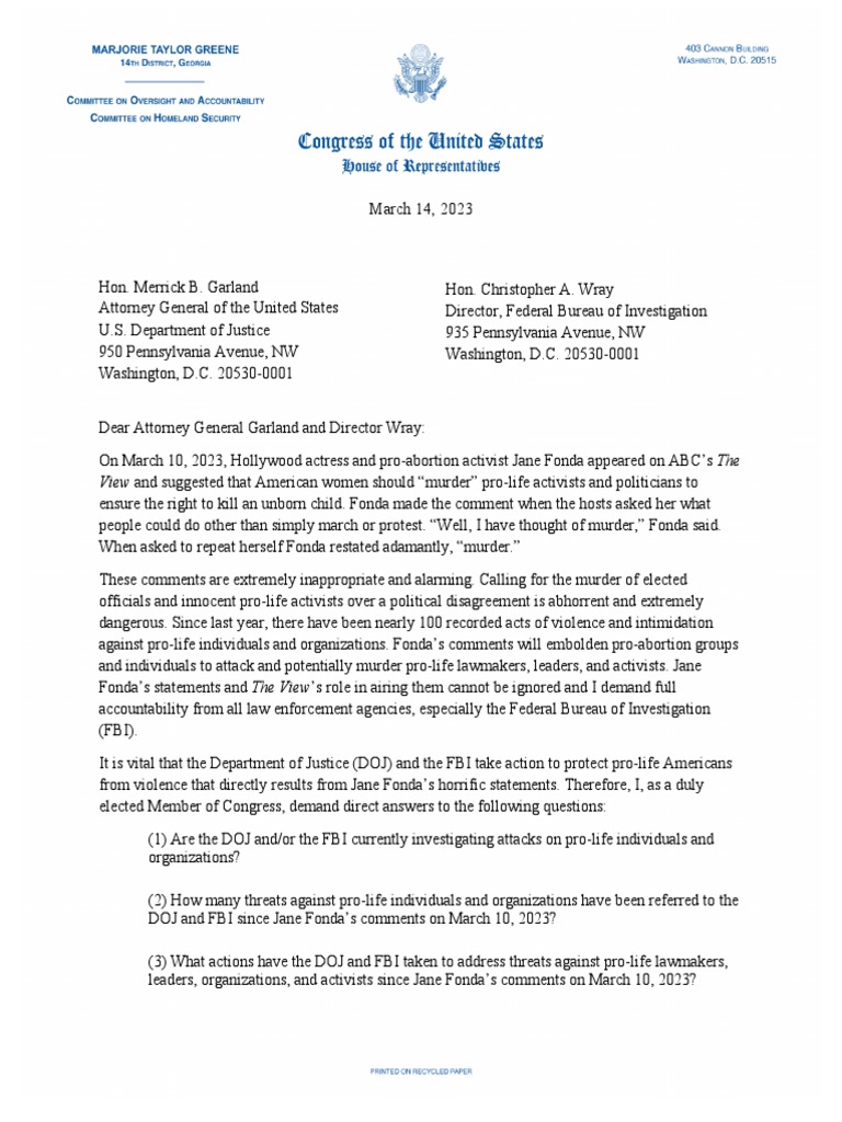 (DAILY CALLER OBTAINED) - MTG Doj FBI JF Letter Final | PDF | Federal ...