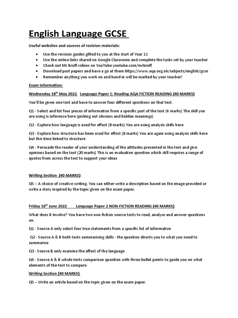 English Language Revision List GCSE 2022 | PDF